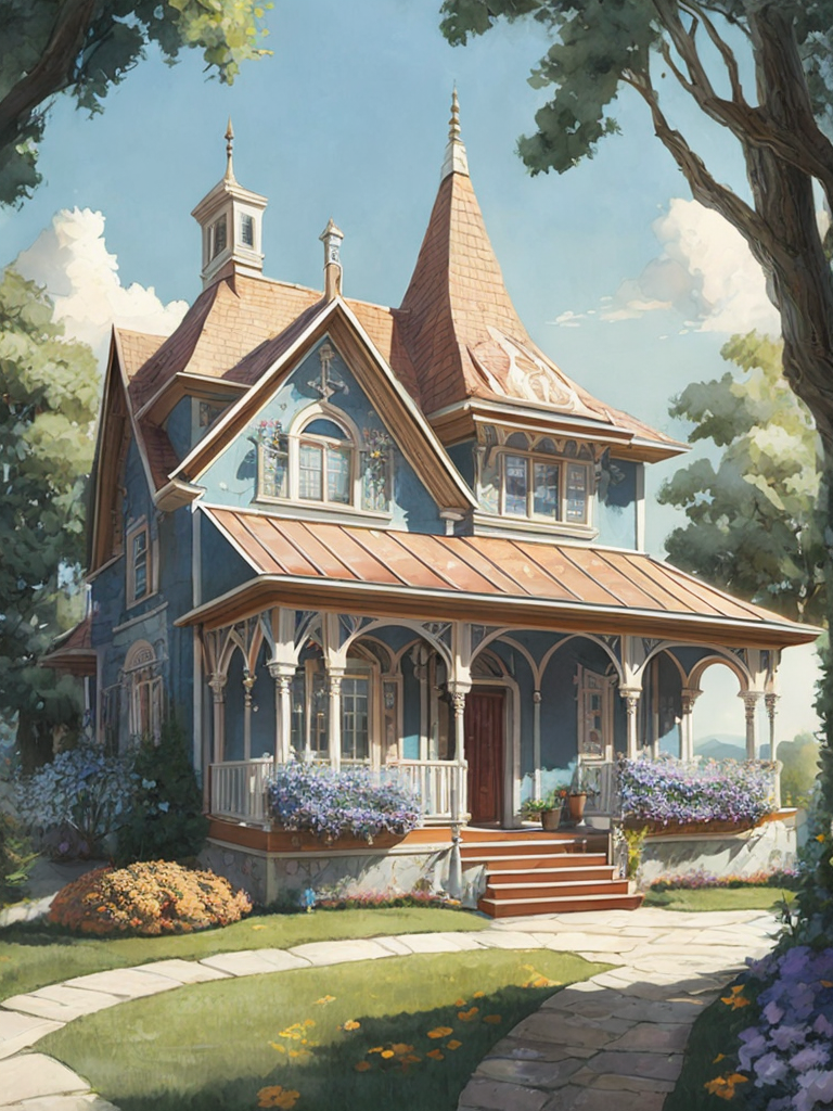 Premium Free ai Images | fairytale house marty bell openwork veranda day sunlight blue sky ...