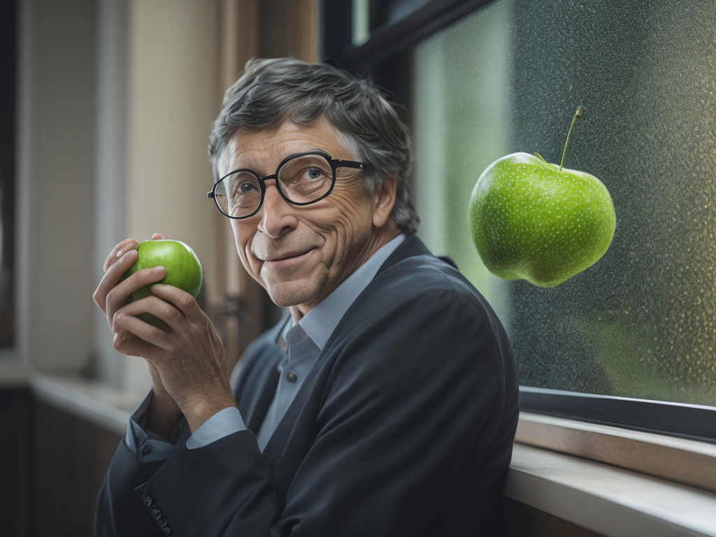 Premium Free ai Images bill gates throwing green apple in window highly detailed