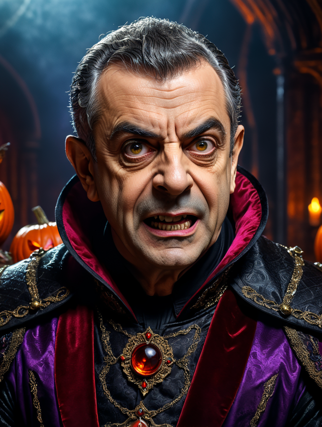 Premium Free ai Images | rowan atkinson as drakula wearing spooky ...