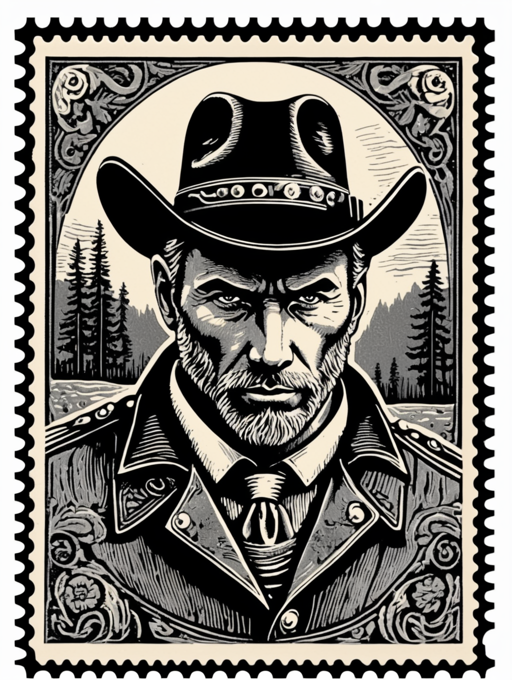 Premium Free ai Images | black and white linocut postage stamp old wolf ...