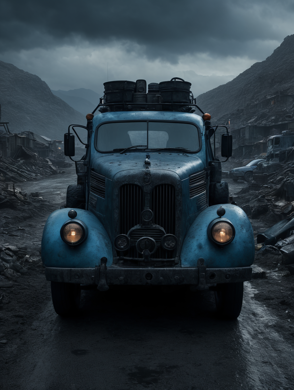 Premium Free ai Images | post apocalyptic blue heeler driver