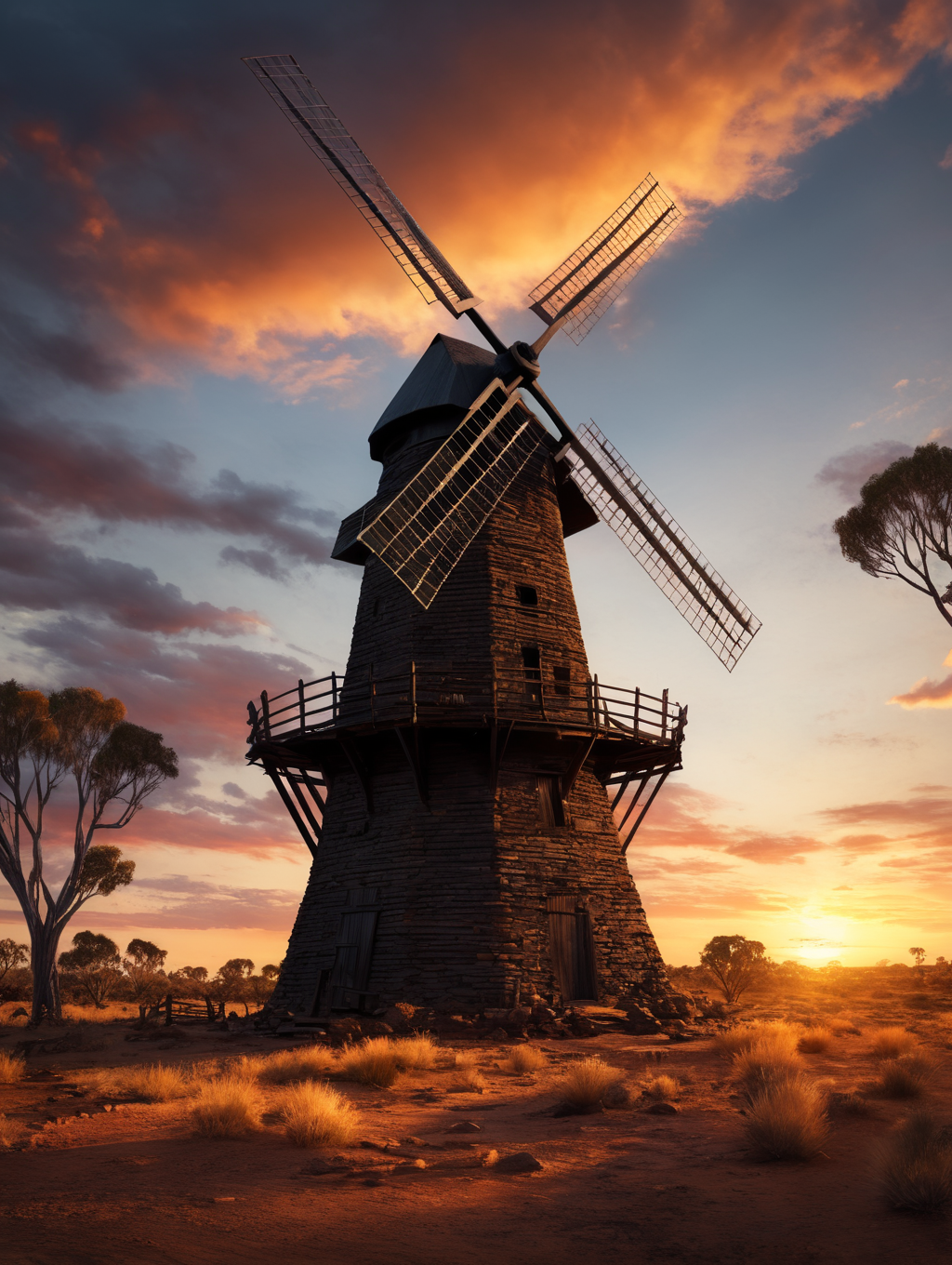 Premium Free ai Images | australian outback windmill sunset