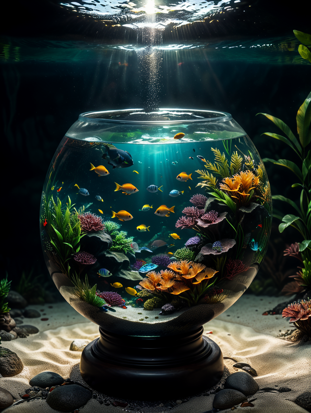 Premium Free ai Images | round fish bowl with very bright tropical fish ...