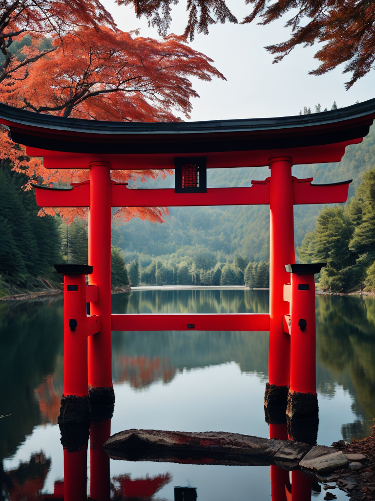 Premium Free ai Images | red torii gate in middle of lake dense forest ...