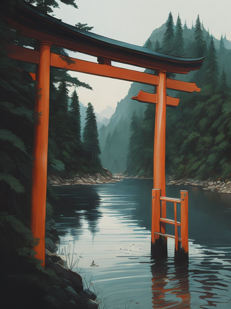 Premium Free ai Images | red torii gate in middle of lake dense forest ...
