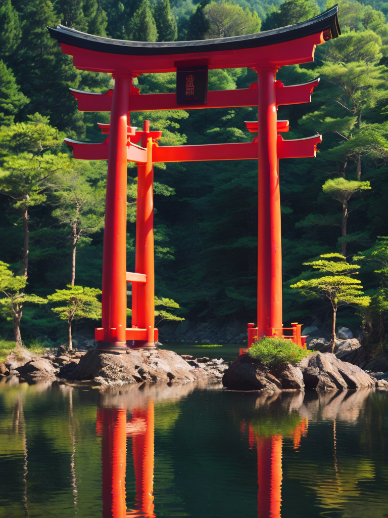 Premium Free ai Images | red torii gate in middle of lake dense forest ...