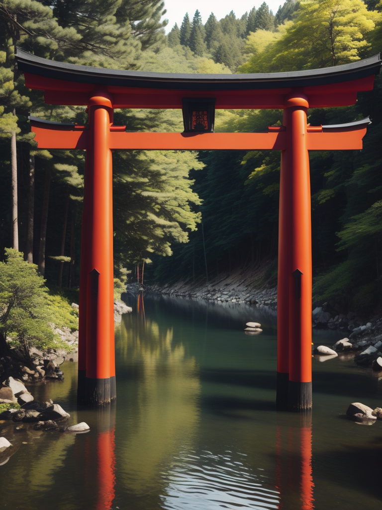 Premium Free ai Images | red torii gate in middle of lake dense forest ...