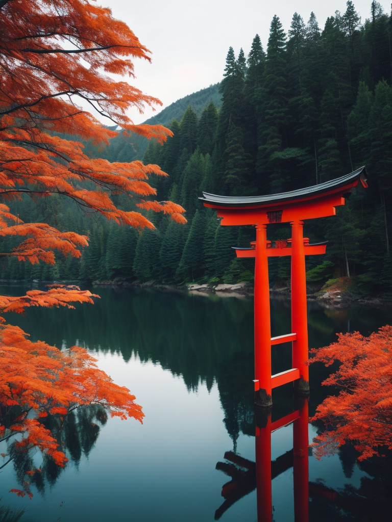Premium Free ai Images | red torii gate in middle of lake dense forest ...