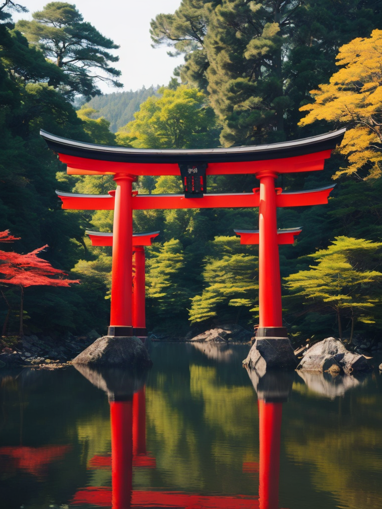 Premium Free ai Images | red torii gate in middle of lake dense forest ...