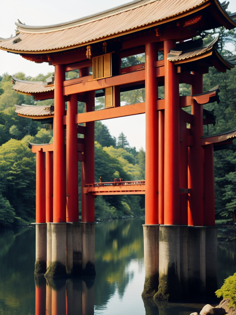 Premium Free ai Images | red torii gate in middle of lake dense forest ...