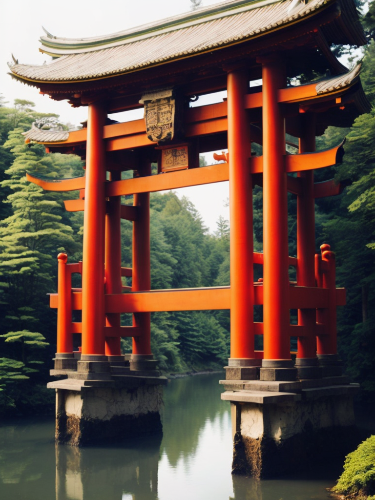 Premium Free ai Images | red torii gate in middle of lake dense forest ...