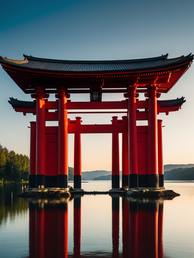 Premium Free ai Images | red torii gate in middle of lake dense forest ...