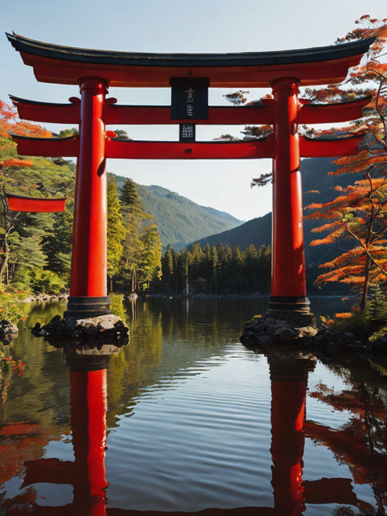 Premium Free ai Images | red torii gate in middle of lake dense forest ...
