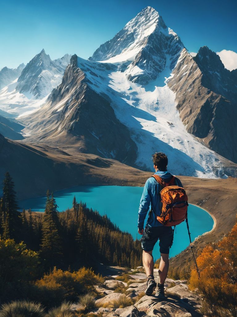 Premium Free ai Images | man hiking in mountain brilliant blue sky ...
