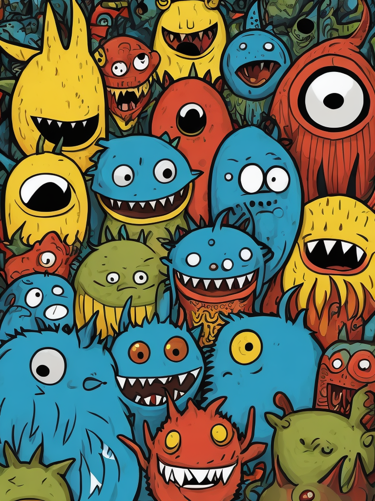 Premium Free ai Images | many monsters doodle art style colorful funny