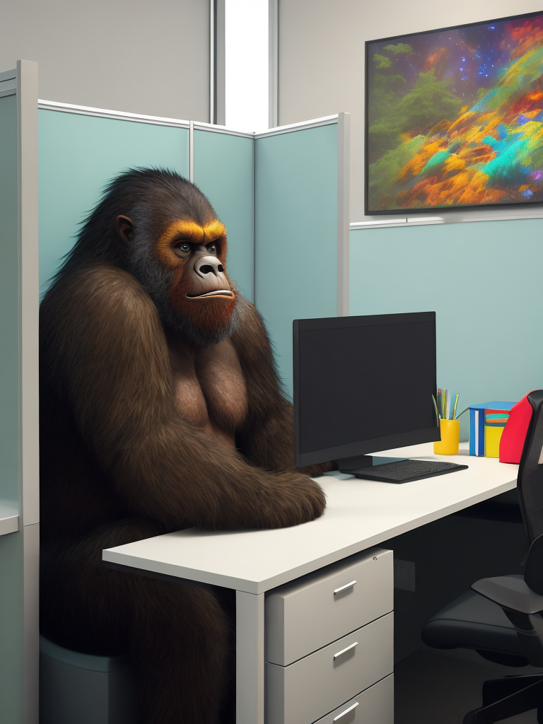 Premium Free ai Images | bigfoot in cubicle working at an office job hyper realistic hyper sharp ...