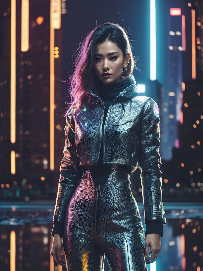 Premium Free ai Images | woman wearing holographic cyberpunk clothing surrounded by neon lit ...