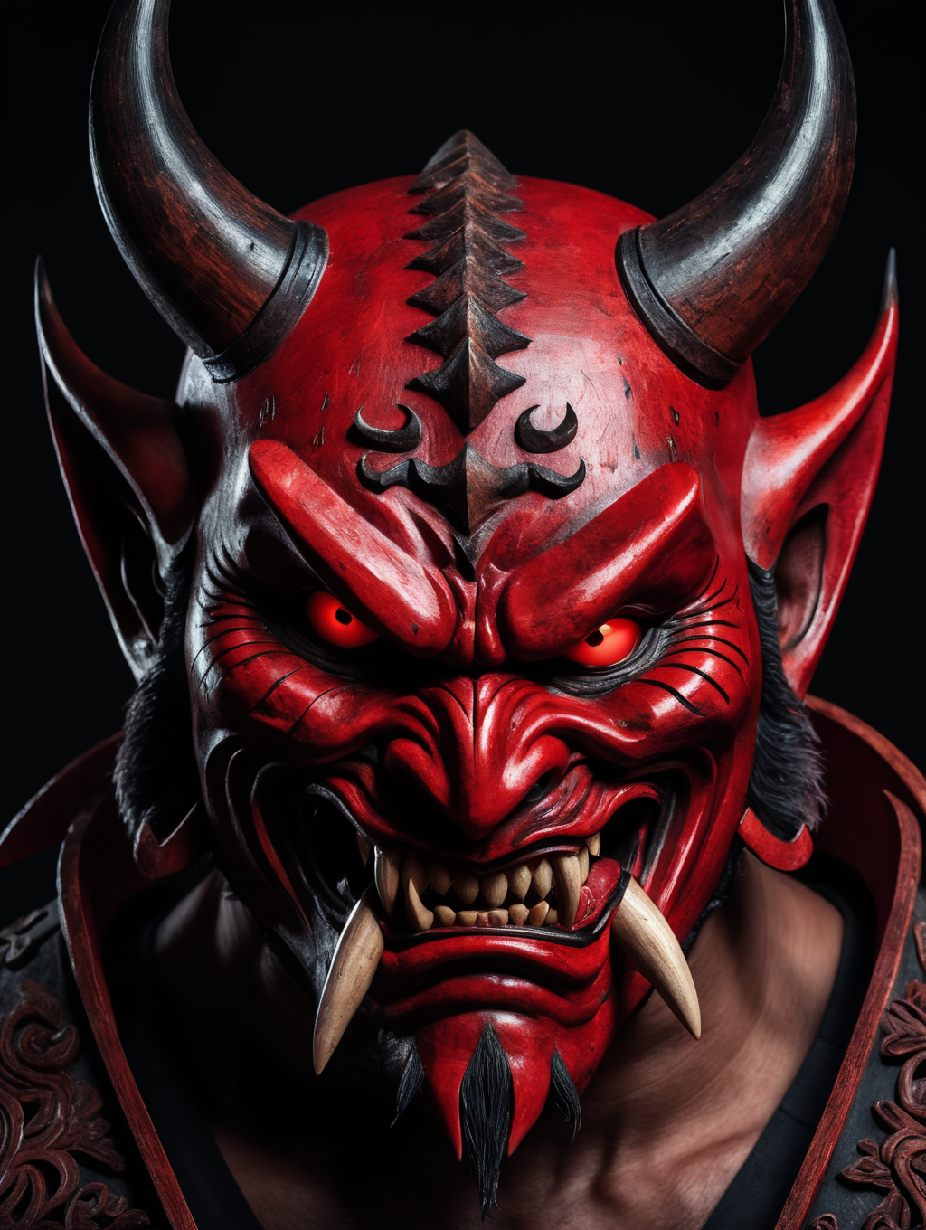 Premium Free ai Images | wooden red japanese demon mask with fangs and ...