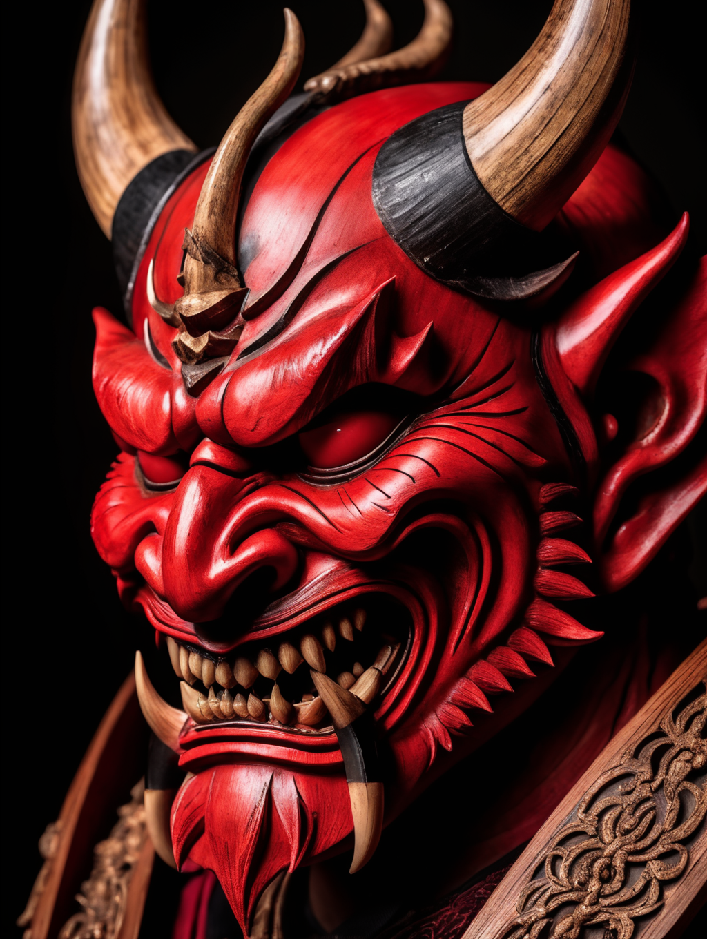 Premium Free ai Images | wooden red japanese demon mask with fangs and ...