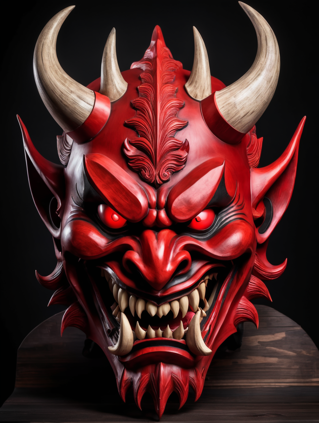 Premium Free ai Images | wooden red japanese demon mask with fangs and ...