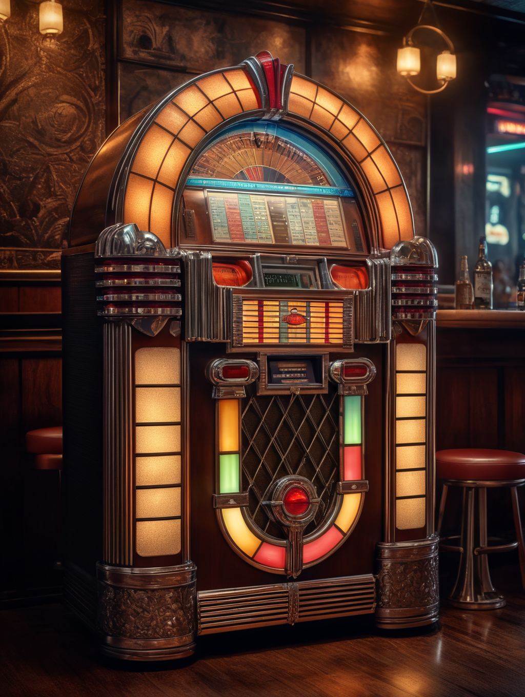 Premium Free ai Images | retro jukebox in bar sharp focus highly detailed