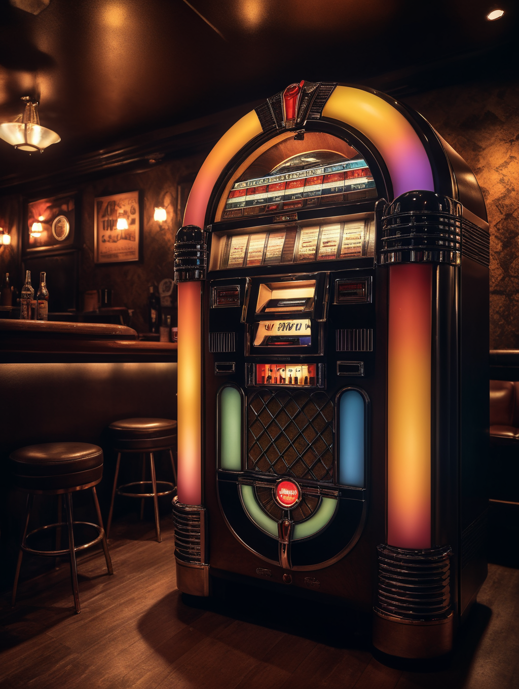 Premium Free ai Images | retro jukebox in bar sharp focus highly detailed