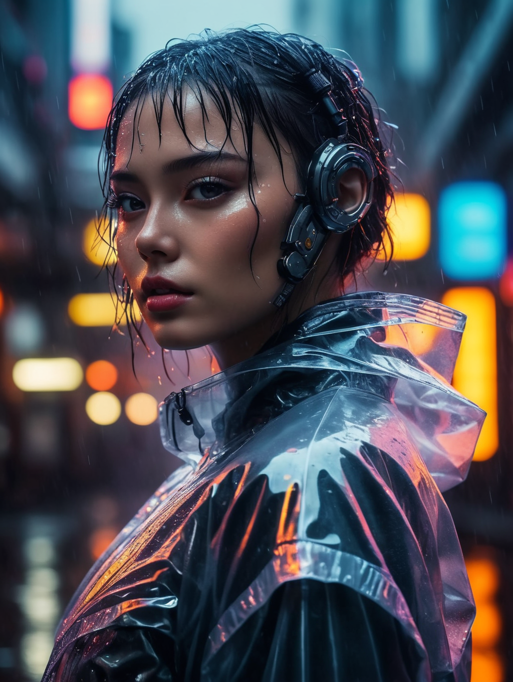 Premium Free ai Images | cyborg girl wearing transparent raincoat ...