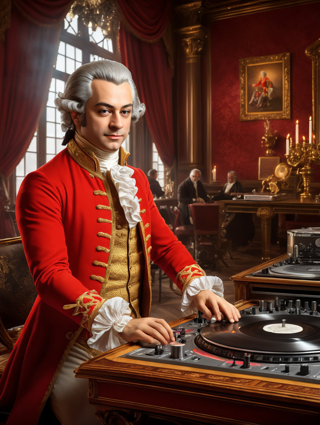 Premium Free ai Images | wolfgang amadeus mozart in th century red suit ...