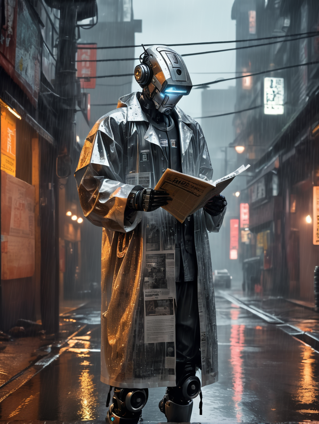 Premium Free ai Images | robot wearing transparent raincoat standing ...