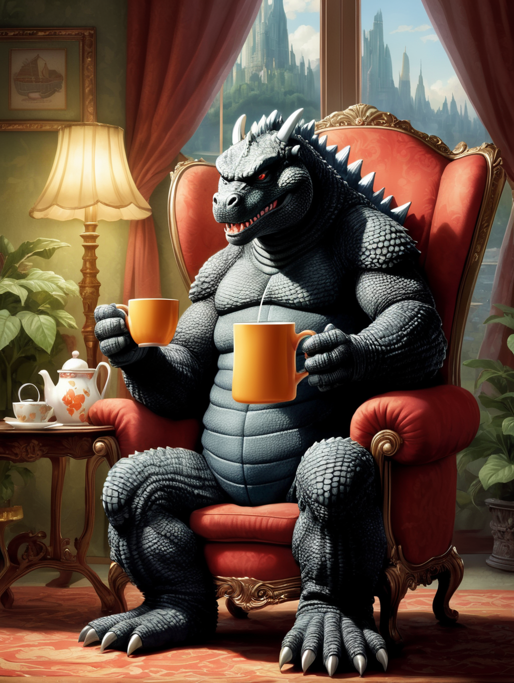 Premium Free ai Images | illustration of loveable godzilla drinking tea ...