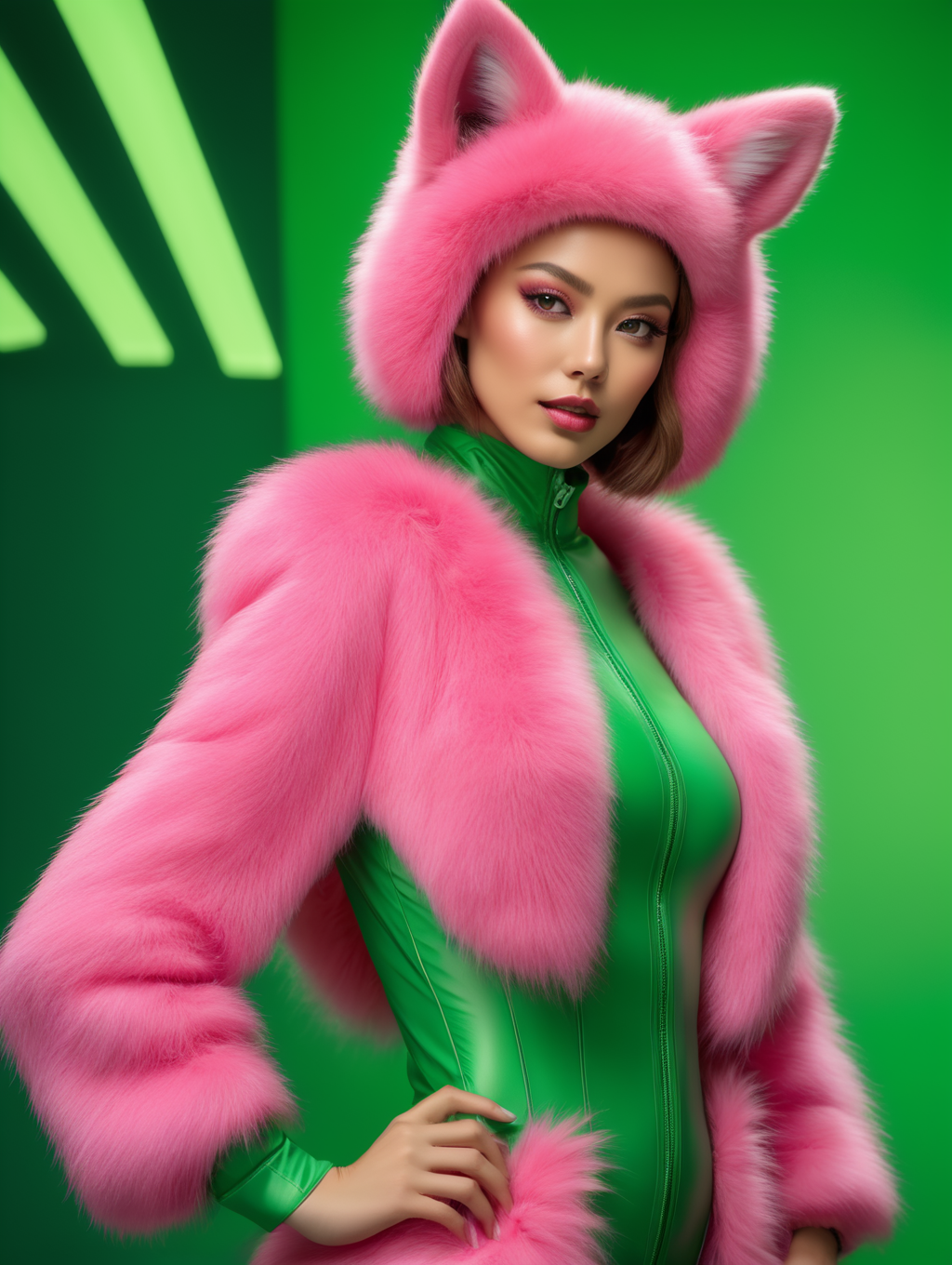 Premium Free ai Images | babe in pink fur suits poses in front of green ...