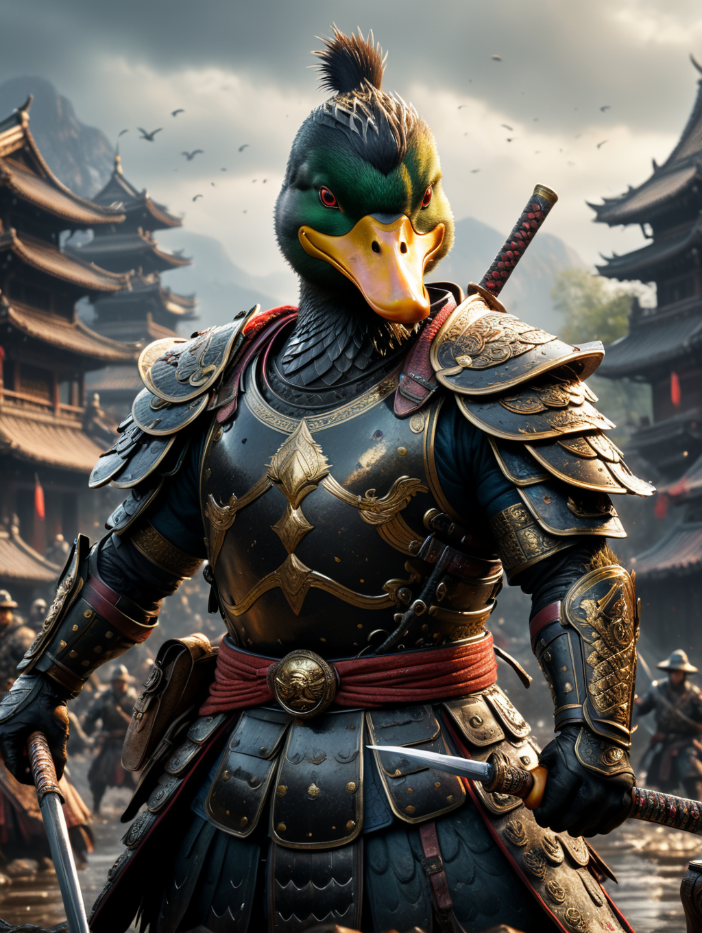 Premium Free ai Images | duck samurai battlefield hyper realistic