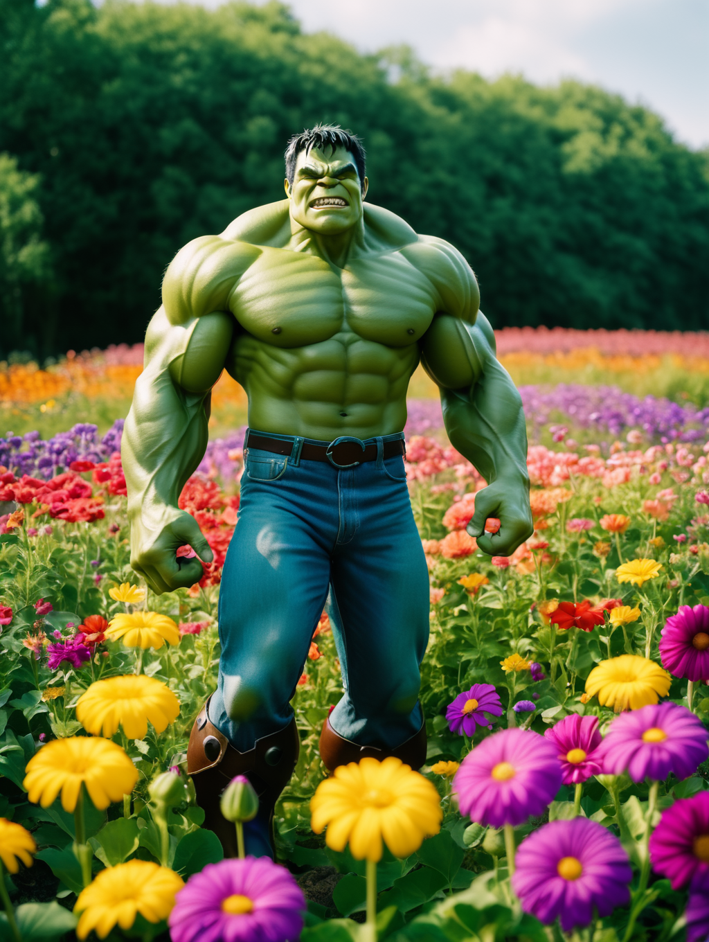 Premium Free ai Images | happy hulk standing in beautiful field of ...