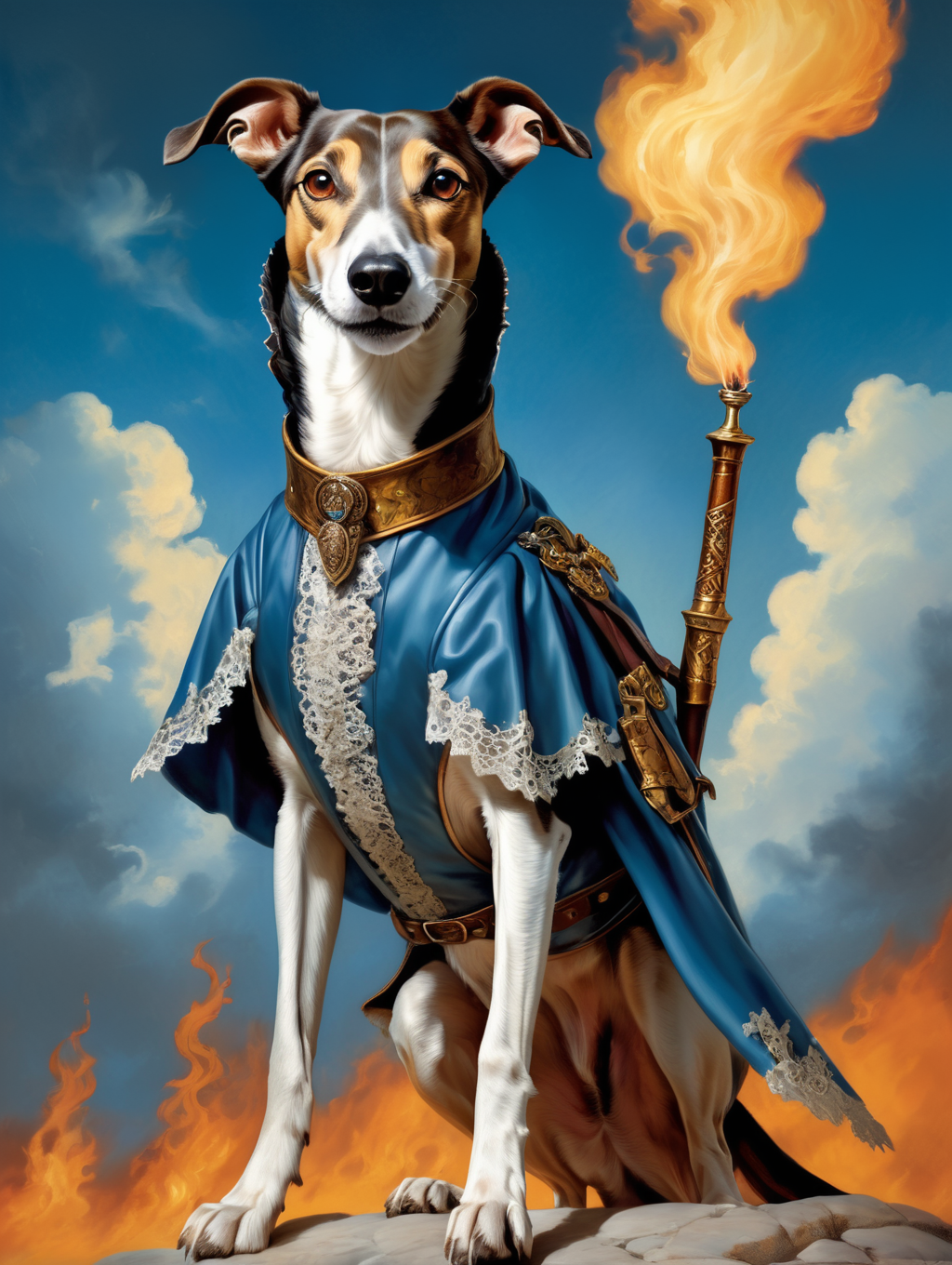 Premium Free ai Images | greyhound dog musketeer blue background fire ...