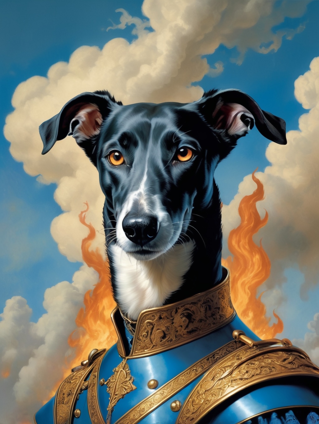 Premium Free ai Images | greyhound dog musketeer blue background fire ...