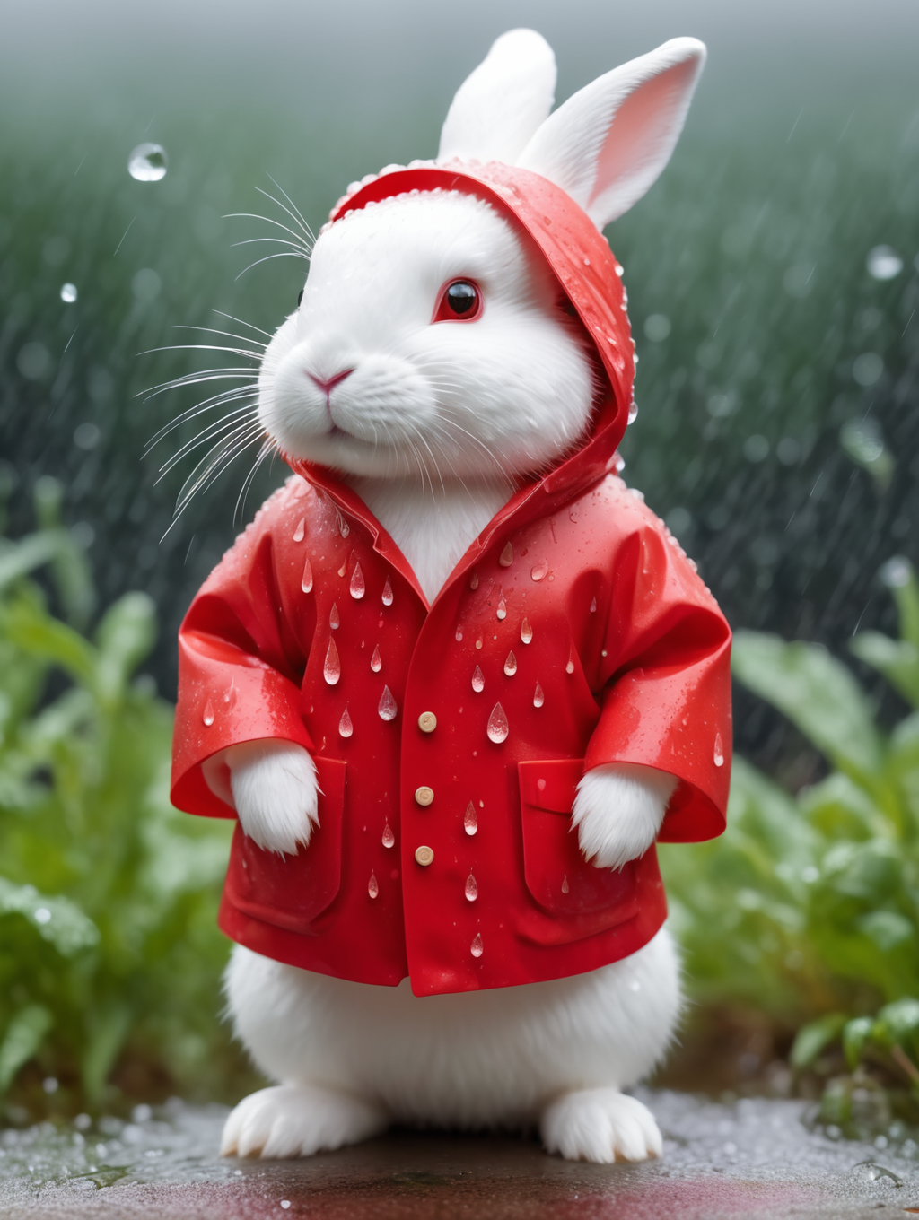 Premium Free ai Images | small white rabbit wearing red raincoat