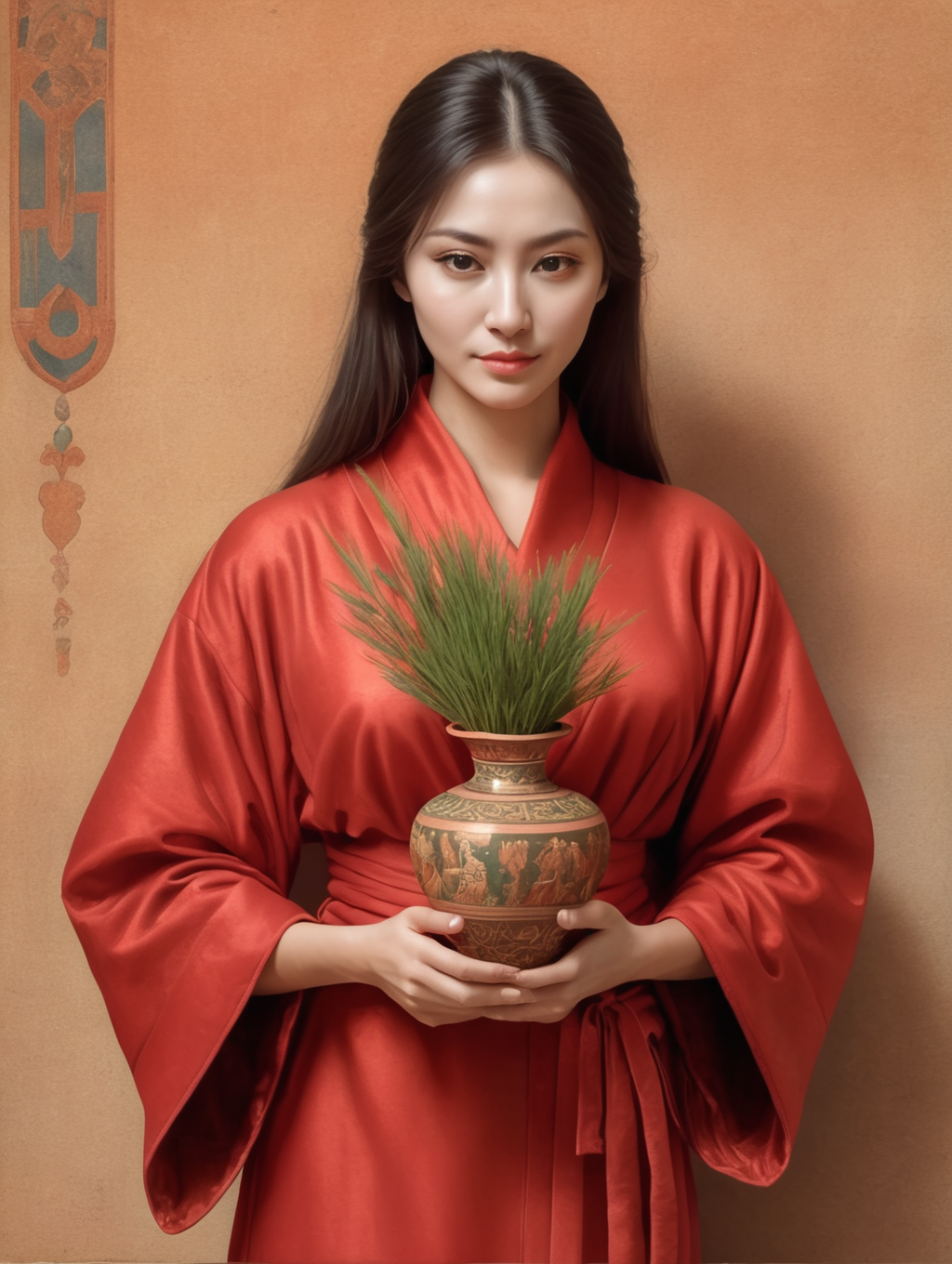 Premium Free ai Images | woman dressed in red robe and holding vase ...