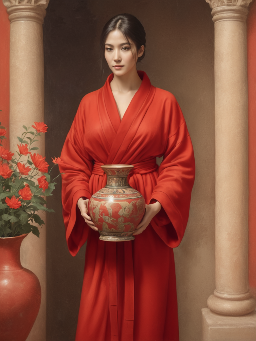 Premium Free ai Images | woman dressed in red robe and holding vase ...