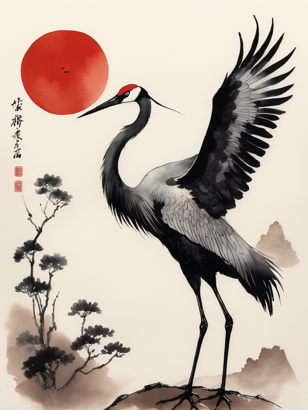 Premium Free ai Images | shuimo hua shui mo hua black and red ink crane ...