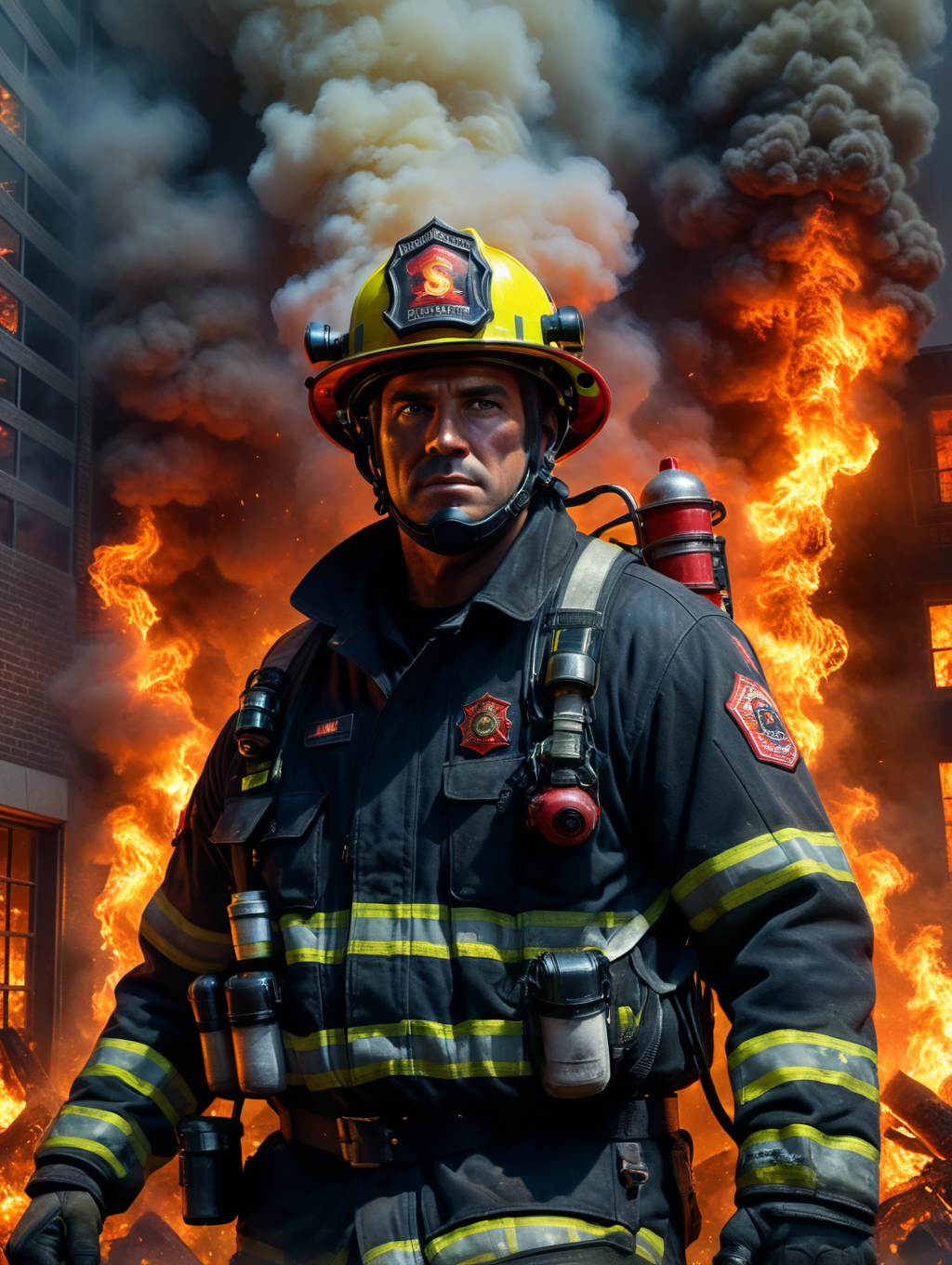 Premium Free ai Images | firefighter front facing in burning office ...