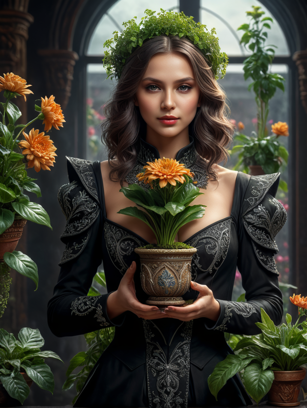Premium Free ai Images | young woman magician holding flowerin potted plant