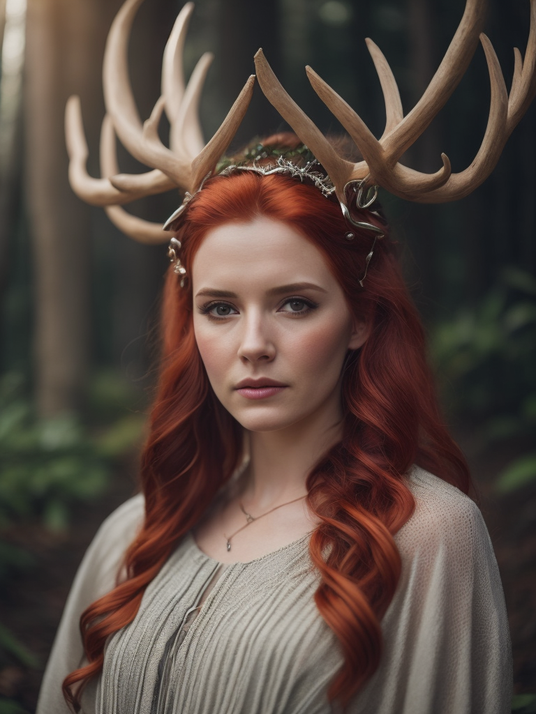 Premium Free ai Images | celtic pagan red haired woman wearing antlers ...