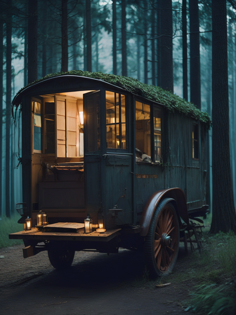 Premium Free ai Images | gypsy wagon in forest lit by moonlight and bonfire