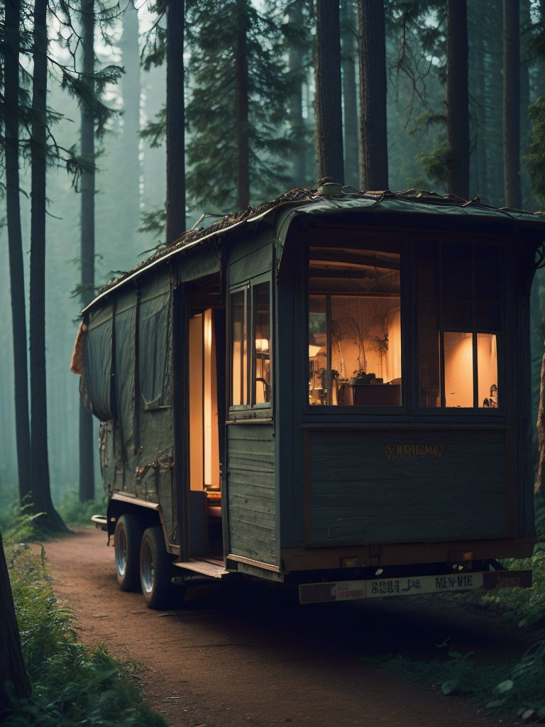 Premium Free ai Images | gypsy wagon in forest lit by moonlight and bonfire