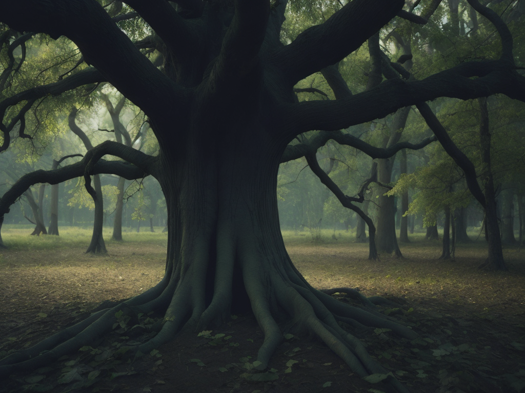Premium Free ai Images | single century old tree in dark forest ...