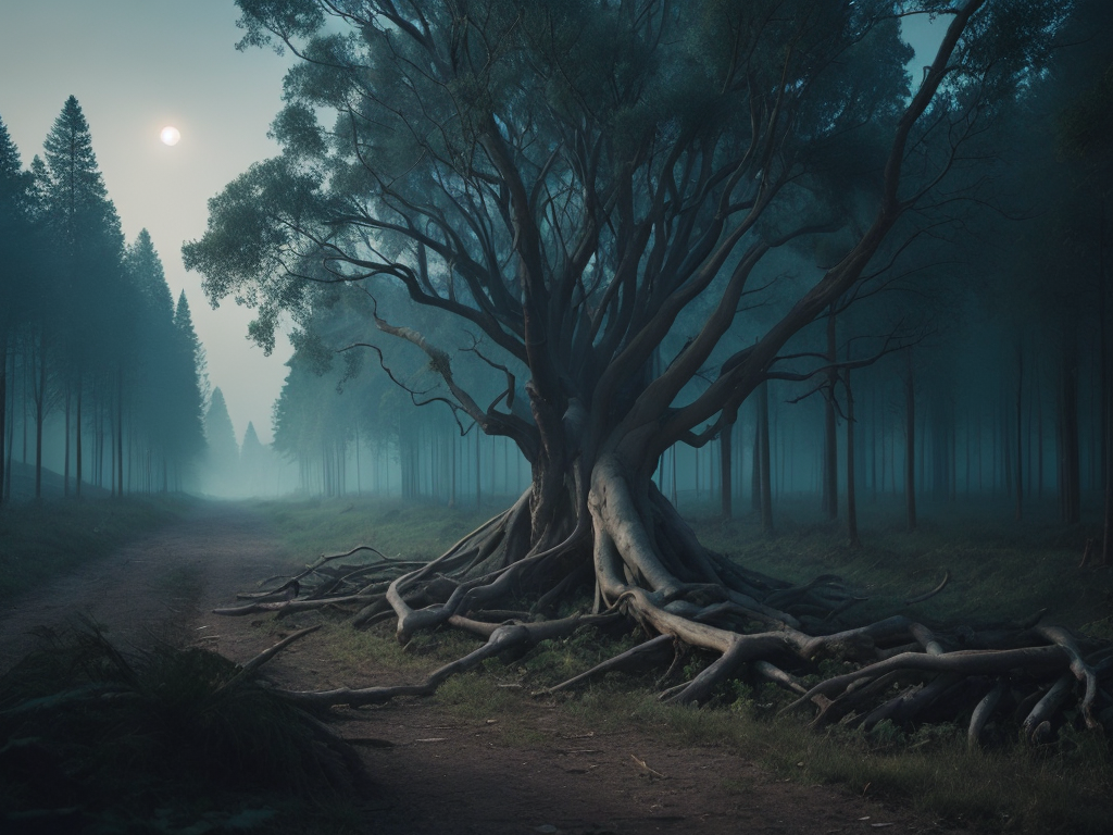Premium Free ai Images | single century old tree in dark forest ...