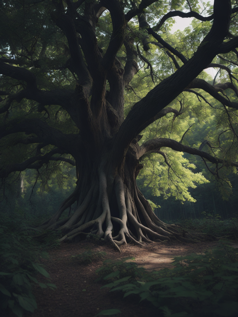 Premium Free ai Images | single century old tree in dark forest ...