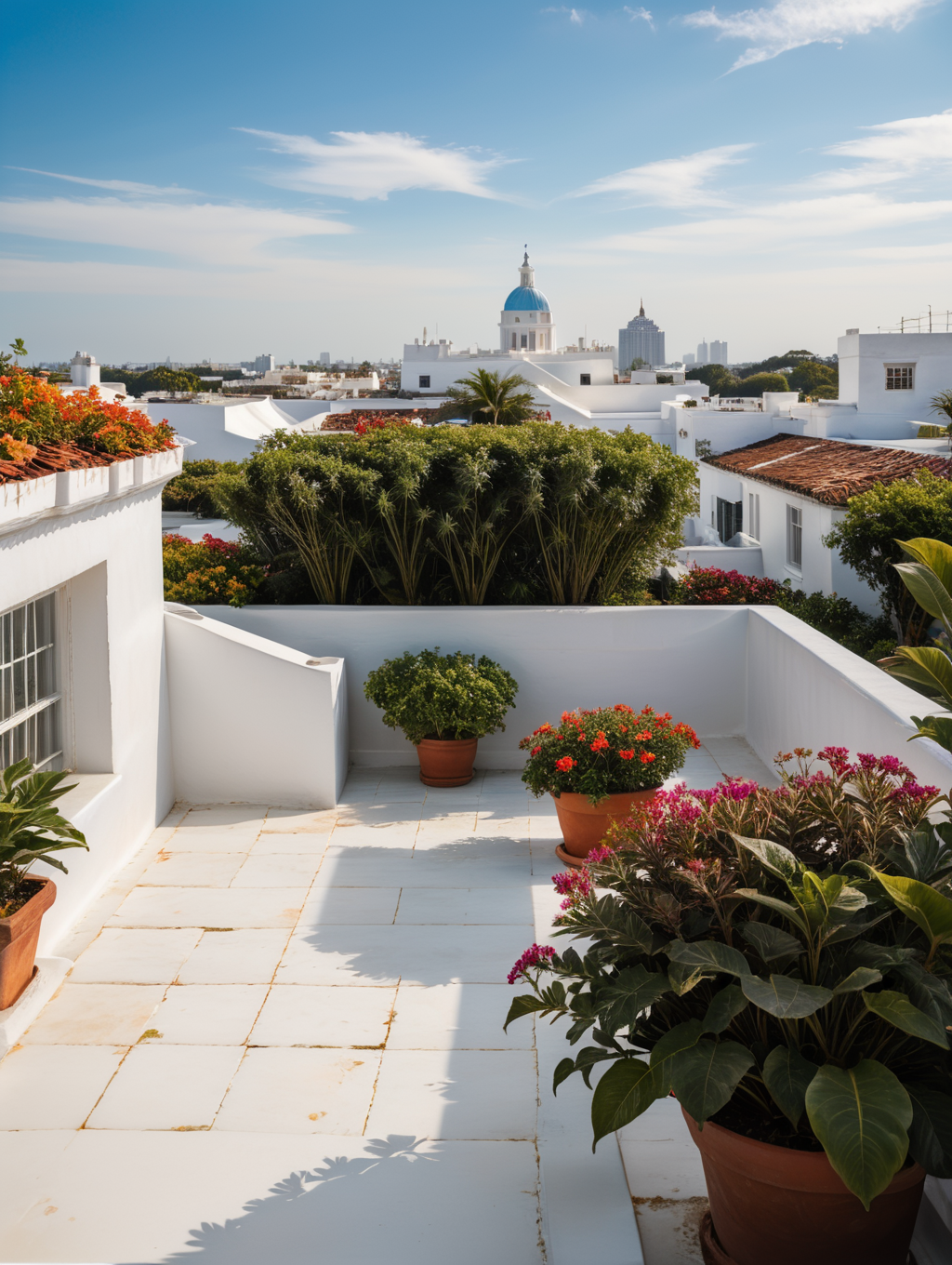 Premium Free ai Images | white rooftop with colorful plants at the ...