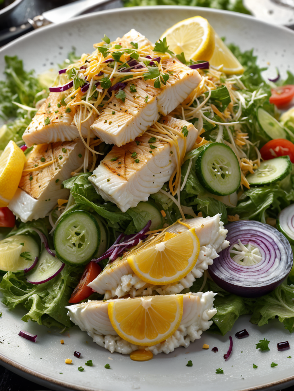Premium Free ai Images | shredded cod in pieces salad