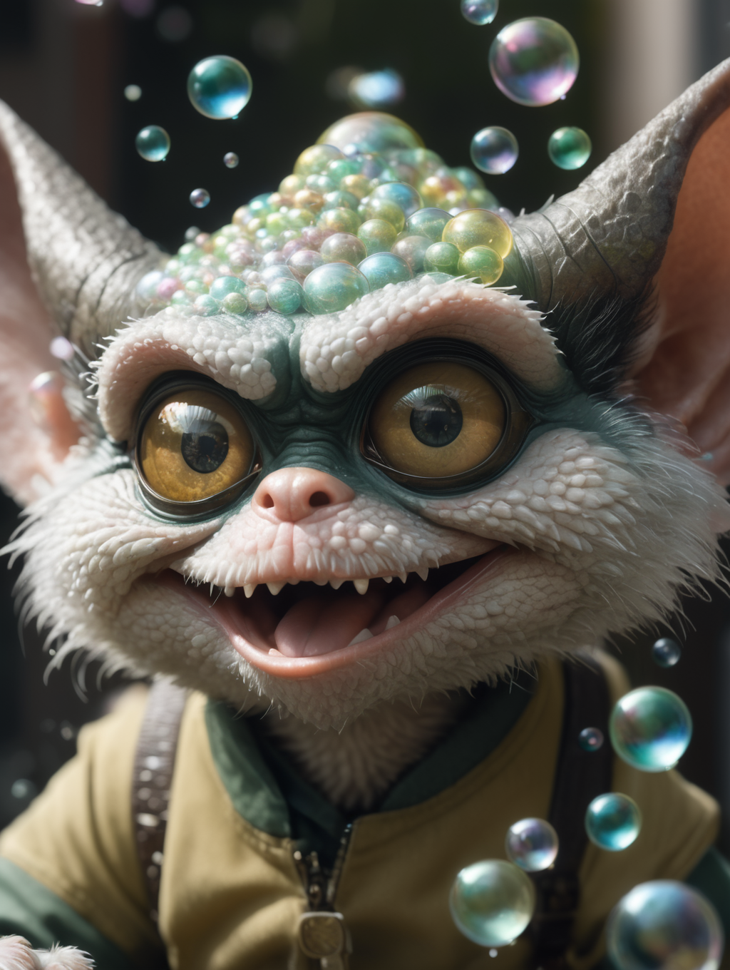 Premium Free ai Images | medium close up leica portrait of gremlin holding bubbles coded ...